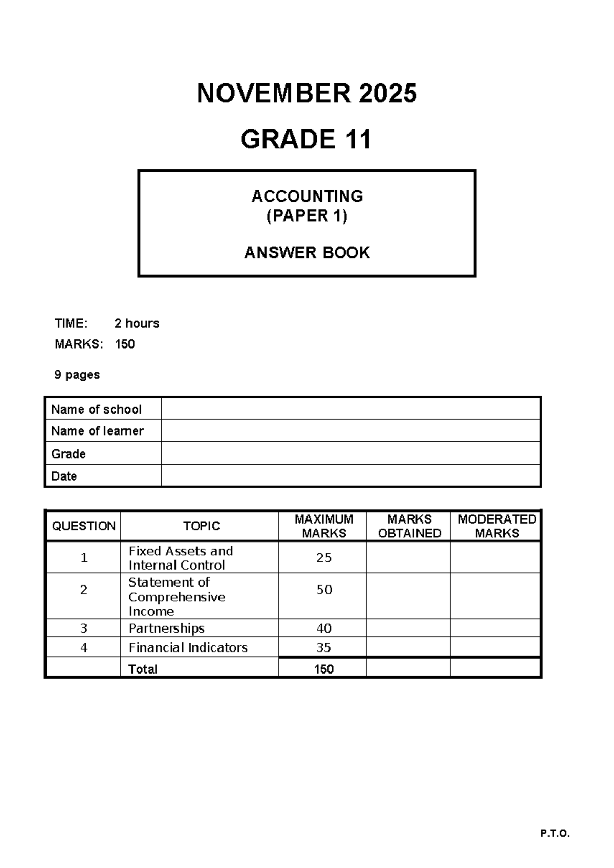 Gr 11 Accounting P1 November 2025 Answer Book - Studocu