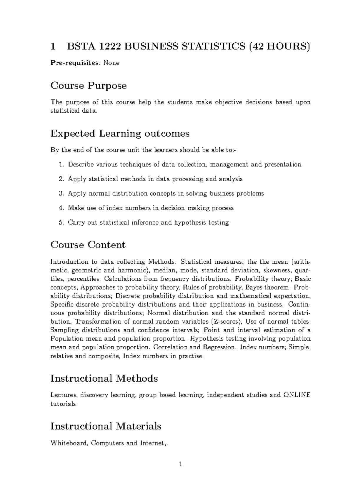BSTA 1 Business Statistics Course Outline and Learning Outcomes - Studocu