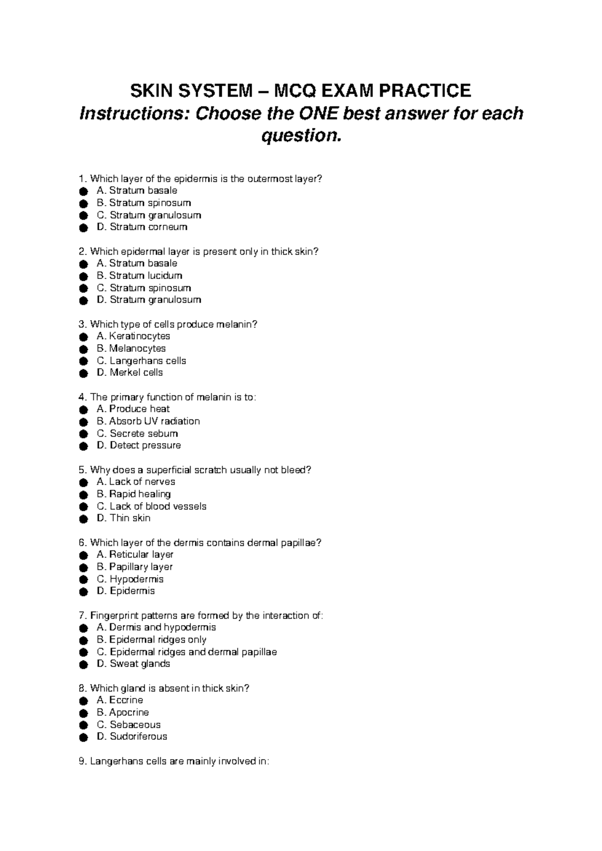 SKIN SYSTEM MCQ EXAM PRACTICE (BIO 101) - Studocu