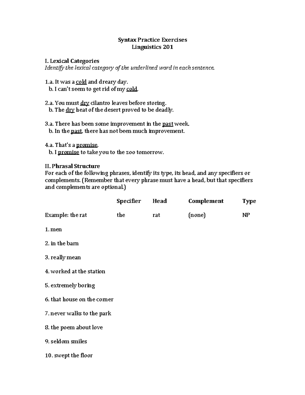 Syntax Practice Exercises: Lexical Categories & Phrasal Structure ...