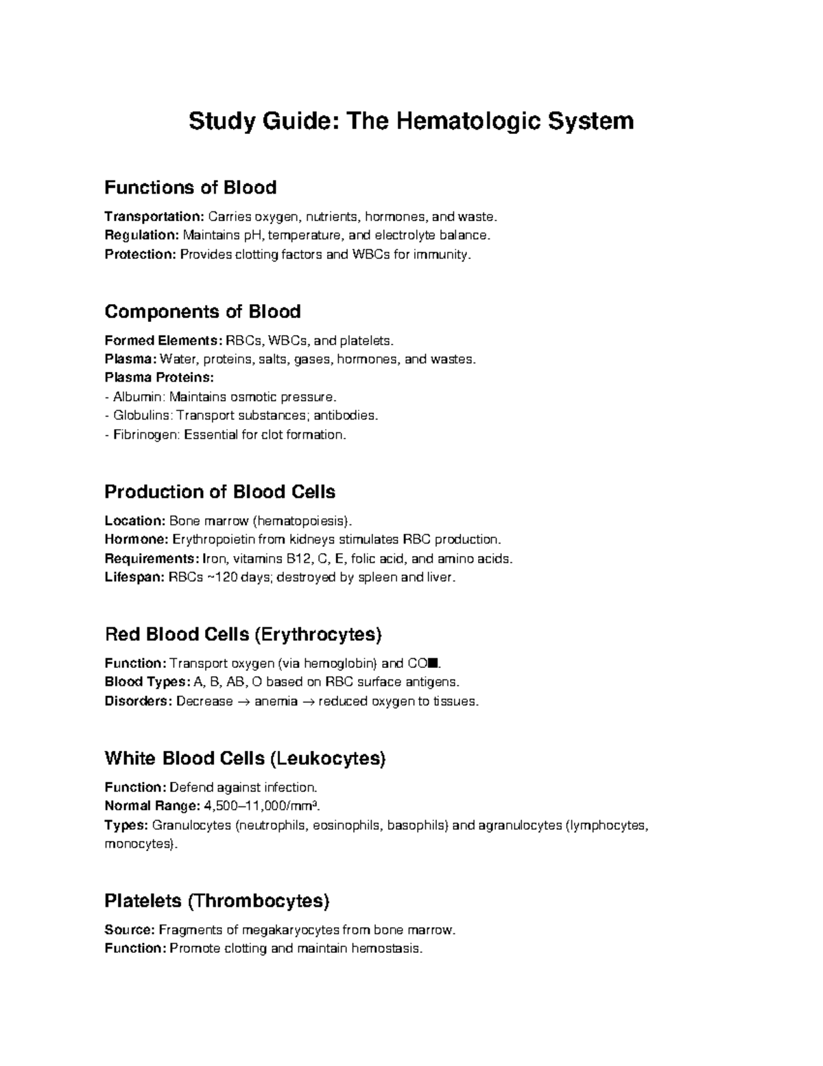 Hematologic System Study Guide: Functions, Components, and Disorders - Studocu