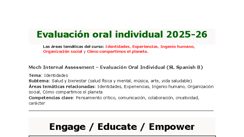 Evaluación Oral Individual SL Spanish B: Salud y Bienestar - Studocu