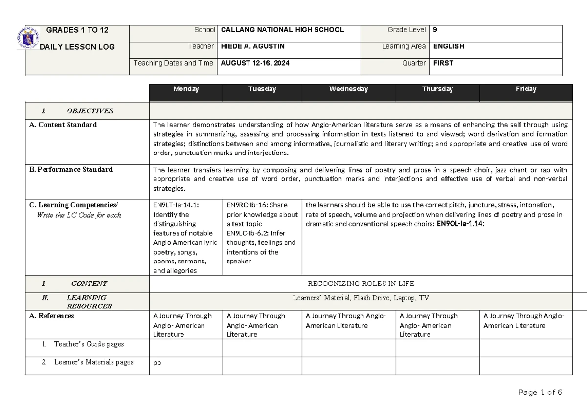 WEEK 1 DLL ENGLISH 9 - Quarter 1 2024-2025 Daily Lesson Log - Studocu