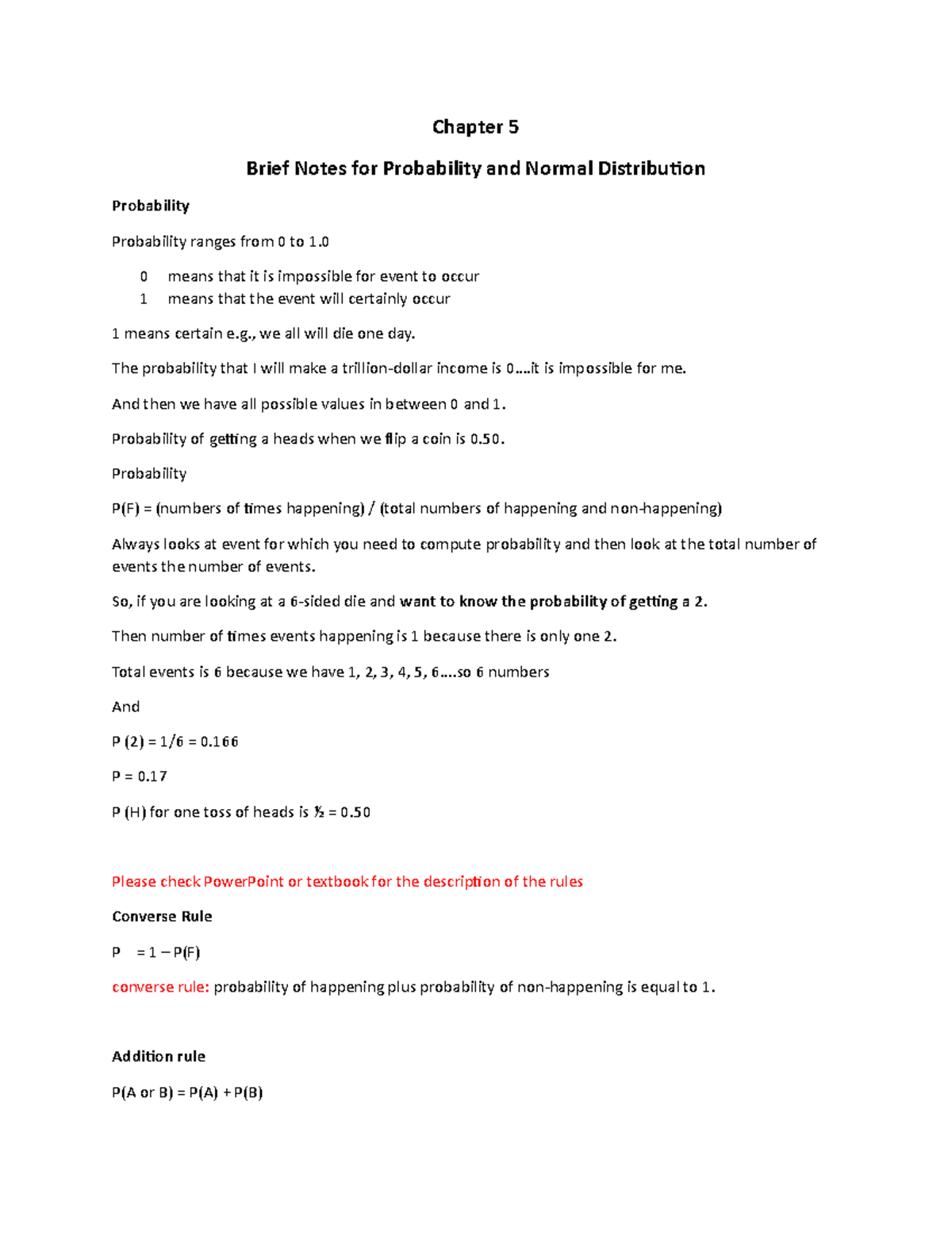 Chapter 5 Notes - Chapter 5 Brief Notes for Probability and Normal ...