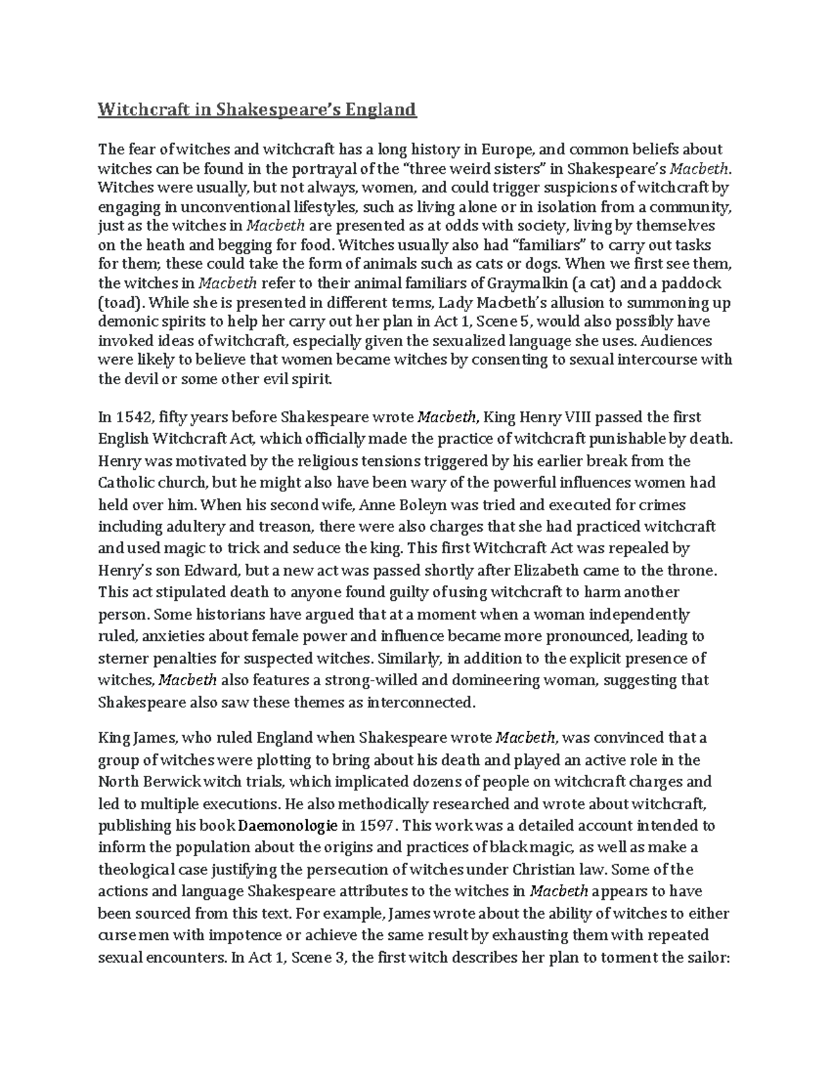 Witchcraft Themes in Shakespeare's Macbeth: A Historical Analysis - Studocu