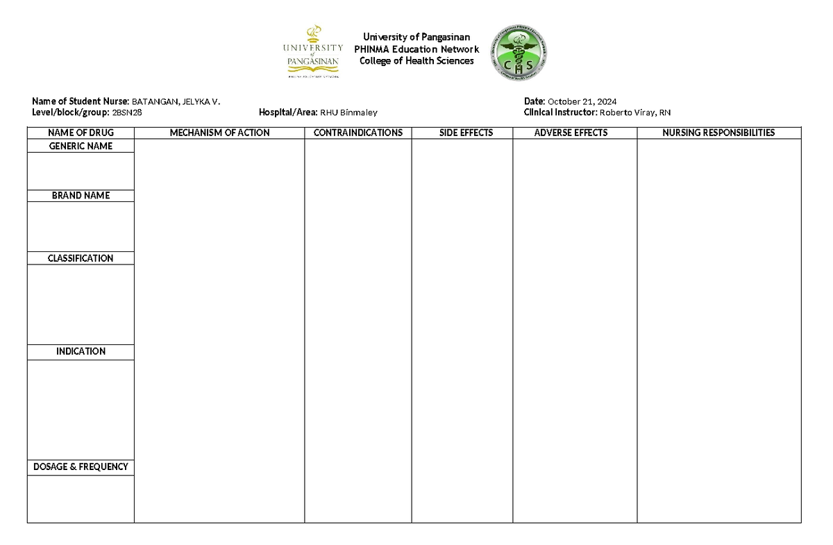 DRUG- Study- Template - hcjc - Bachelor in Science of Nursing ...