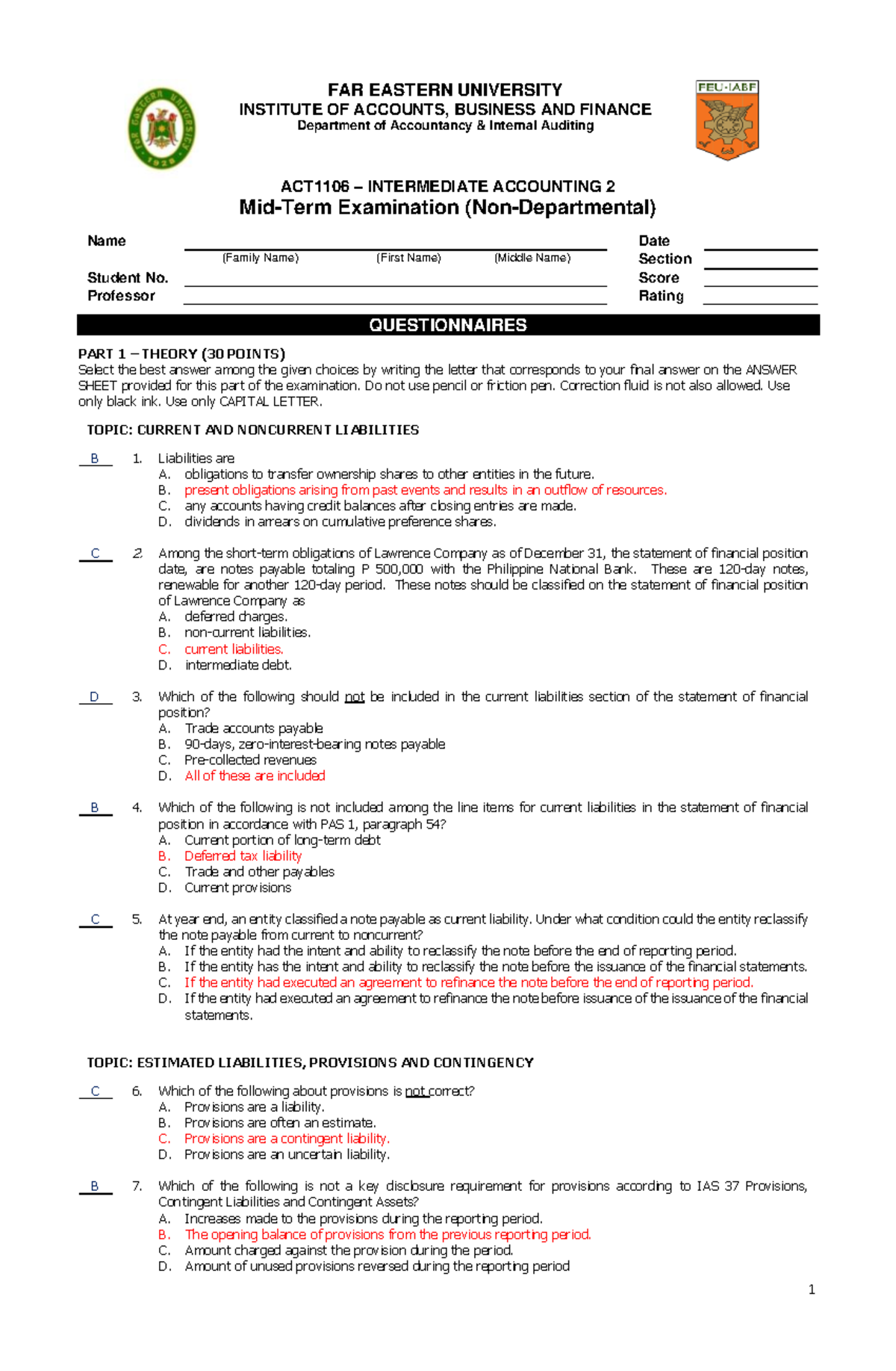 ACT1106 Midterm EXAM SET 2 Answer KEY - FAR EASTERN UNIVERSITY INSTITUTE OF ACCOUNTS, BUSINESS ...