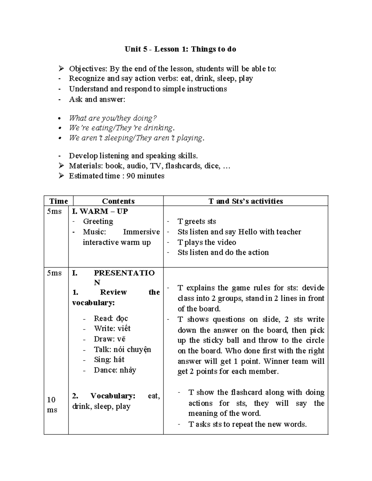 Up 2 Unit 5 Lesson 1: Action Verbs & Speaking Skills Activities - Studocu
