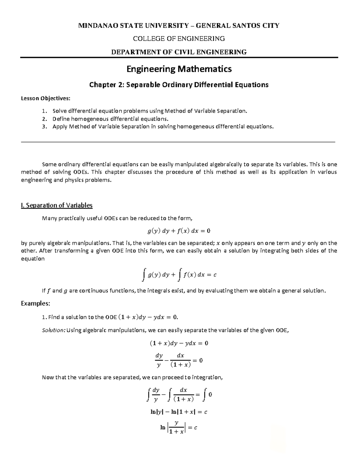 Engineering Mathematics (CE 101) Chapter 2: Separable ODEs Overview - Studocu