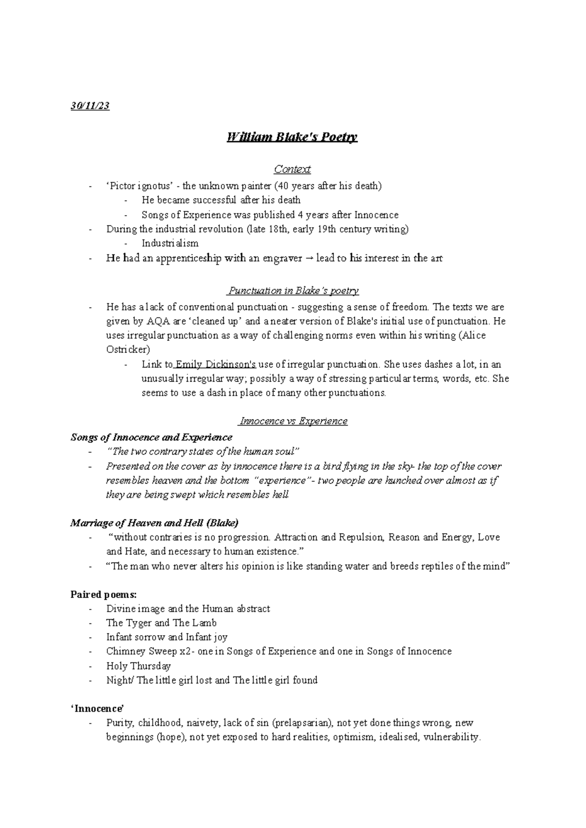 AQA A Level English Literature - William Blake: Songs of Experience ...