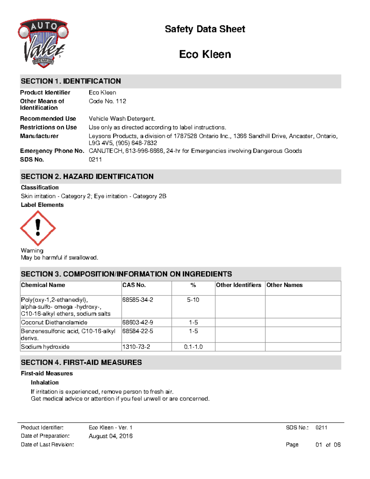 SDS No. 0211 - Eco Kleen Vehicle Wash Detergent Safety Data Sheet - Studocu