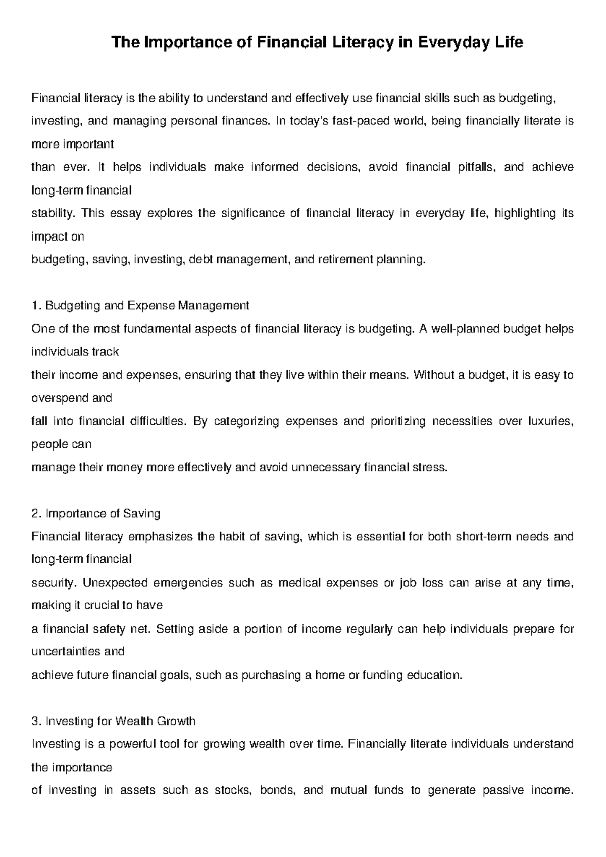 Financial Literacy Essay: Essential Skills for Financial Success - Studocu