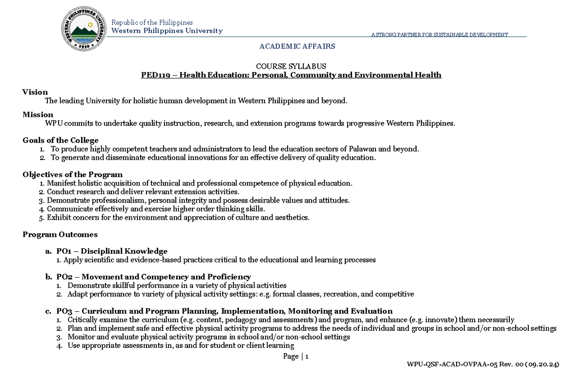 PED 119 Syllabus: Health Education in Personal, Community ...