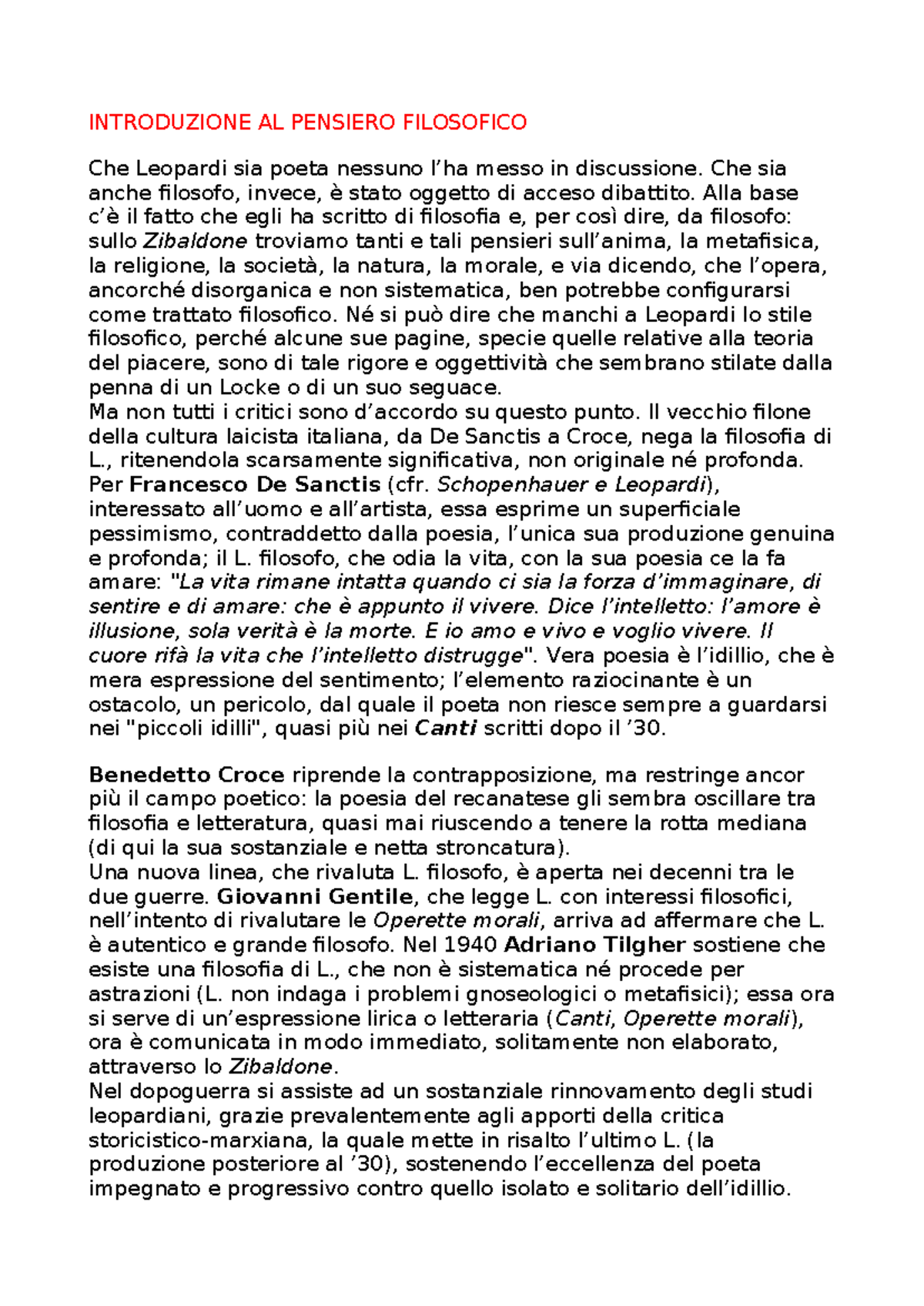 Leopardi e il Pensiero Filosofico: Un'Analisi Critica - Studocu