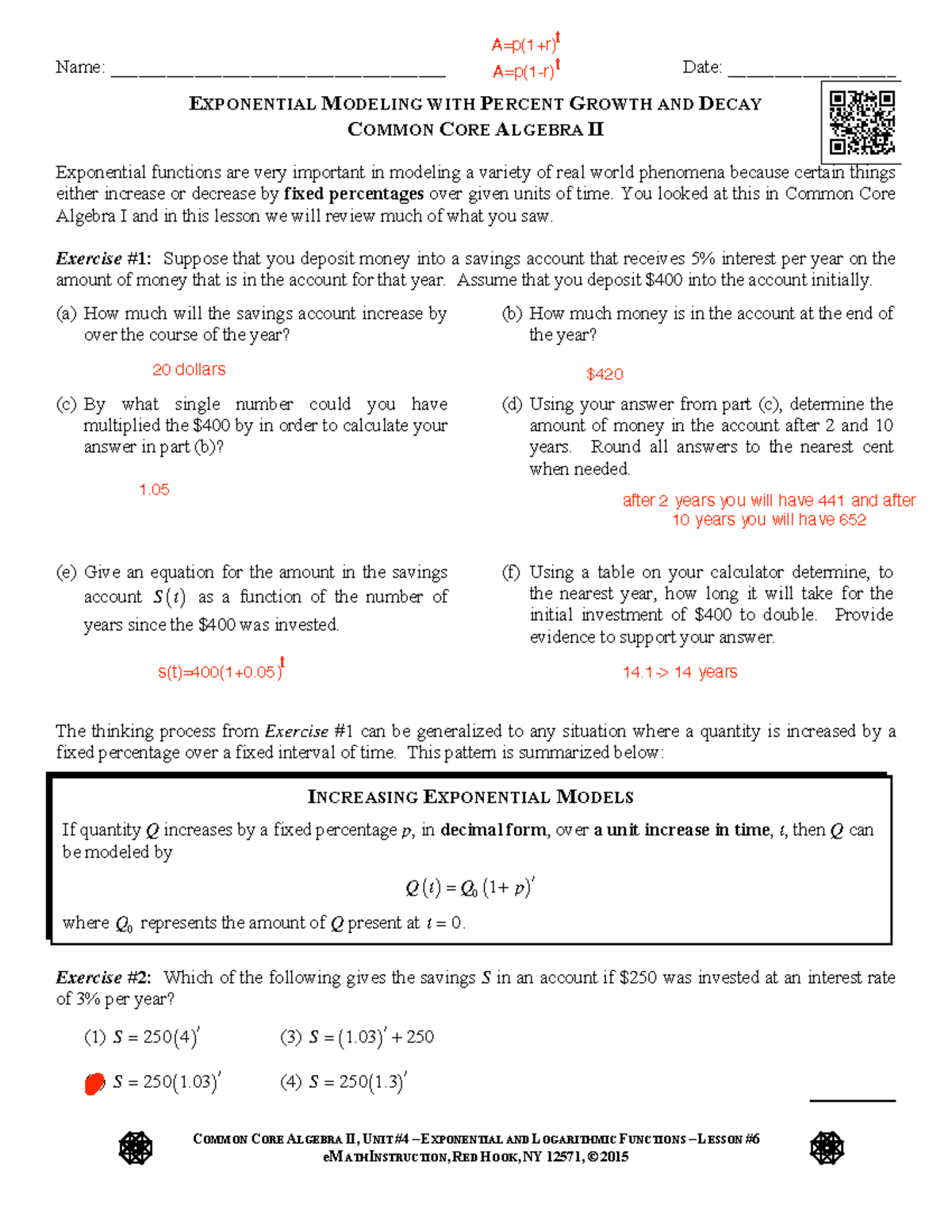 CCAlg II-U4L6-Exponential Modeling: Percent Growth & Decay - Studocu