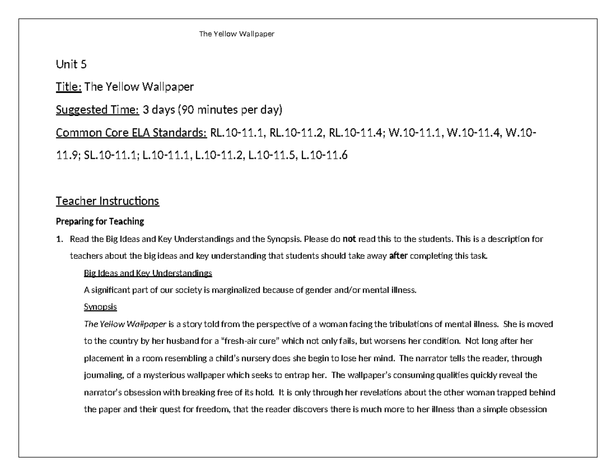 The Yellow Wallpaper (Unit 5) - Teacher's Lesson Plan and Analysis ...