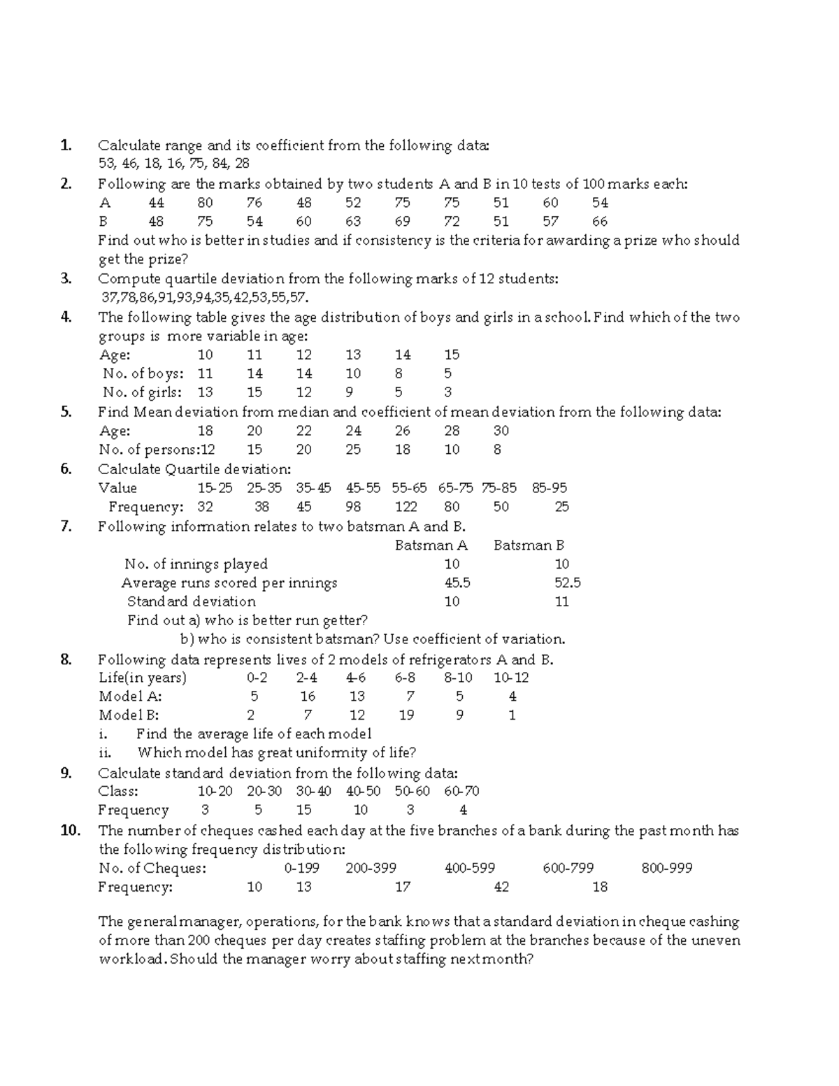 Worksheet for Measures of Dispersion - 1. Calculate range and its ...
