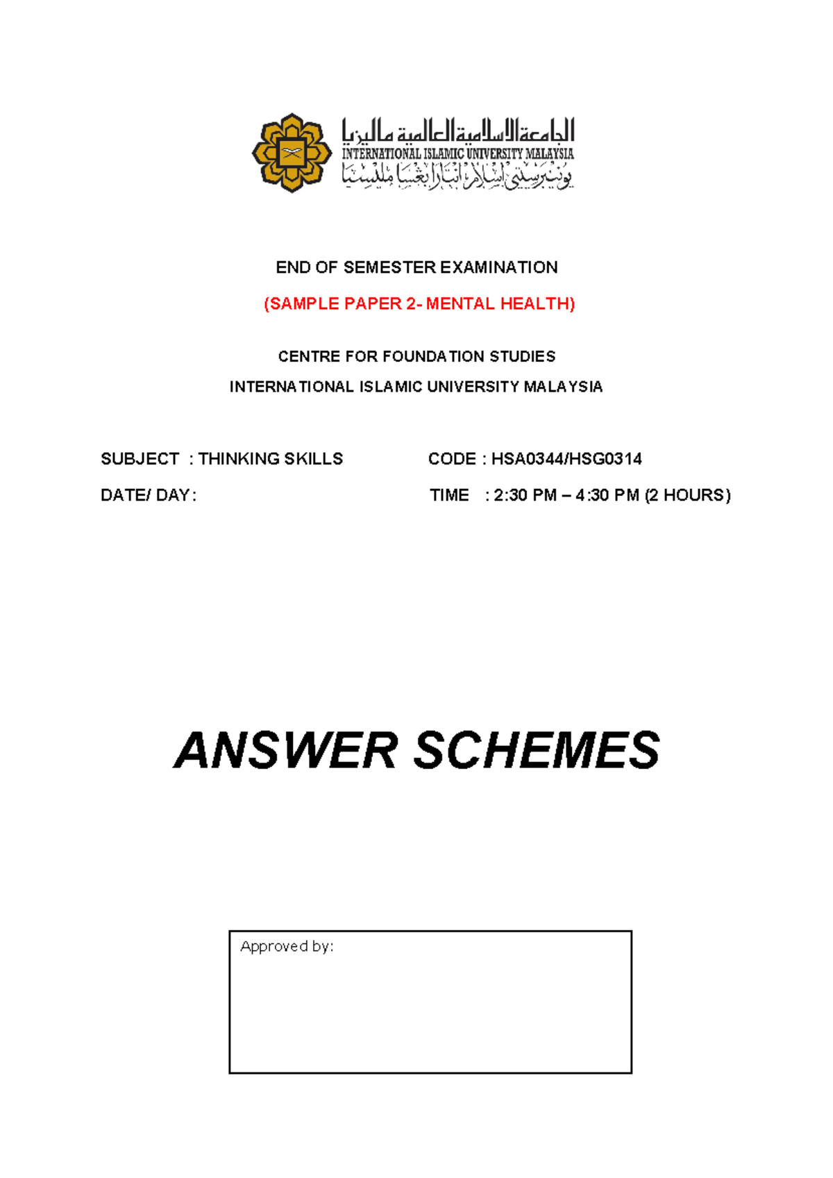 Answer Scheme FOR EOSE - Sample Paper 2 - END OF SEMESTER EXAMINATION ...