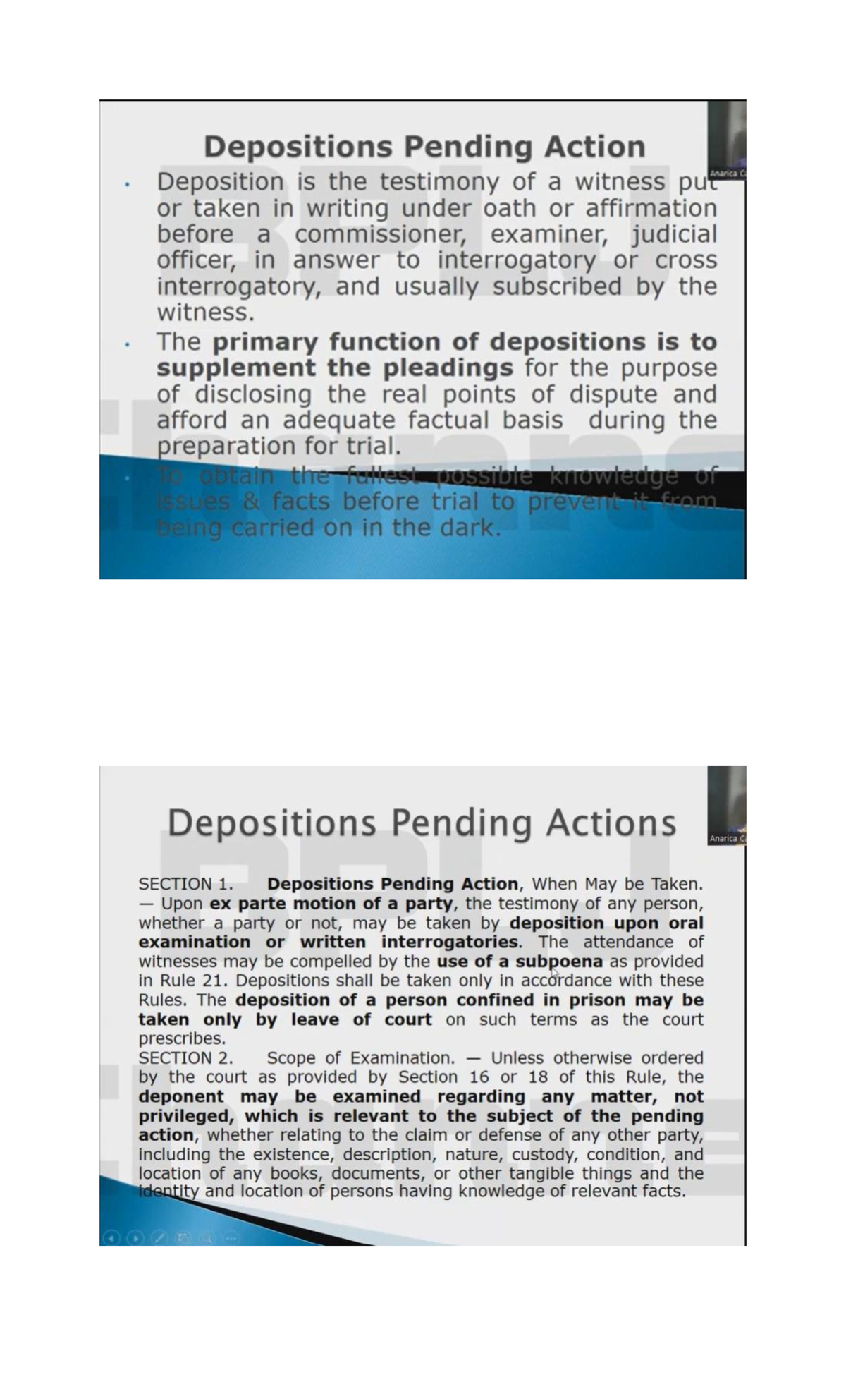 Depositions Pending Action: Anarica C - Overview and Key Rules - Studocu