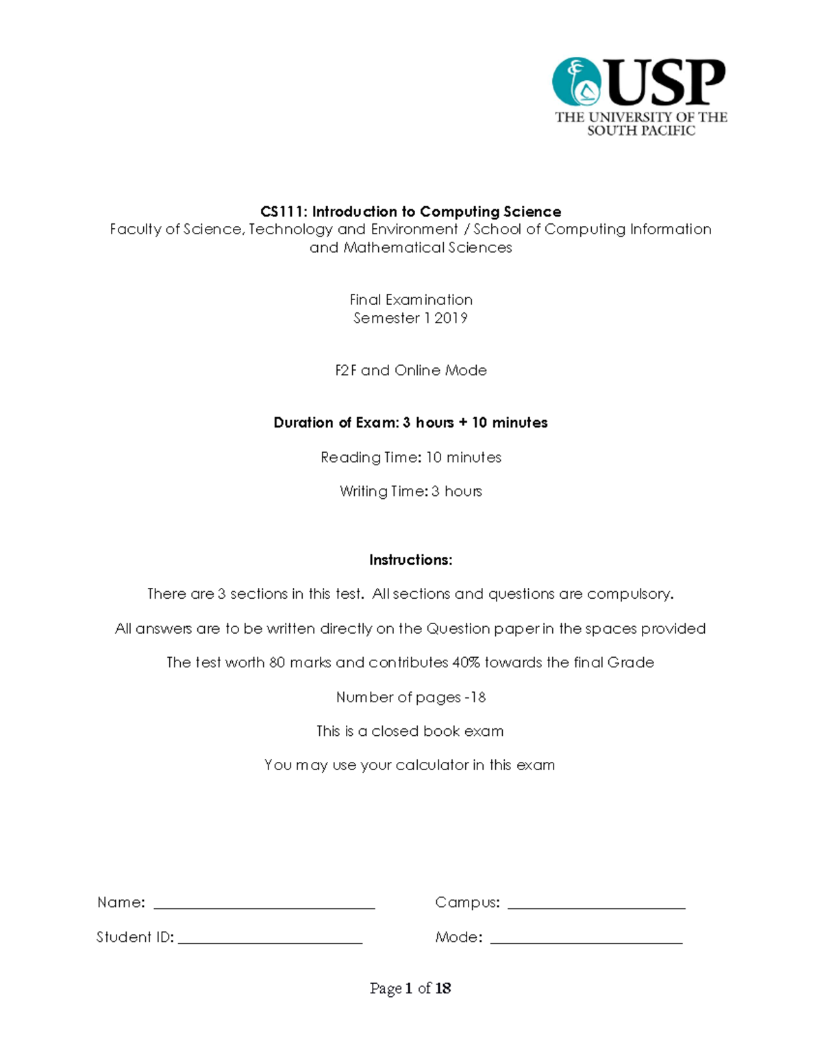 CS111 - Final Exam Solution - Semester One - 2019 - CS111: Introduction ...