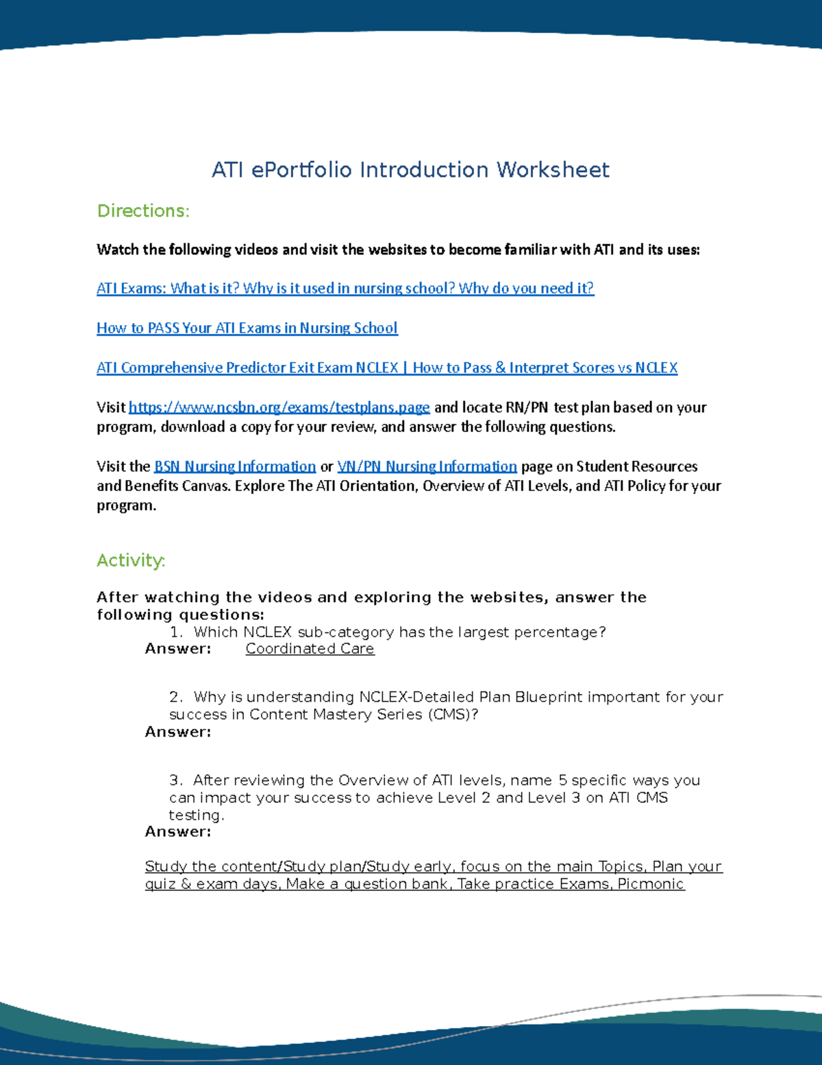 ATI ePortfolio Intro Worksheet for Nursing Success Strategies - Studocu