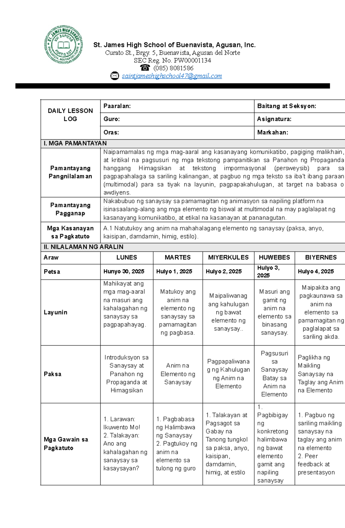 DLL Sample Format for Filipino 2025-2026 - Studocu