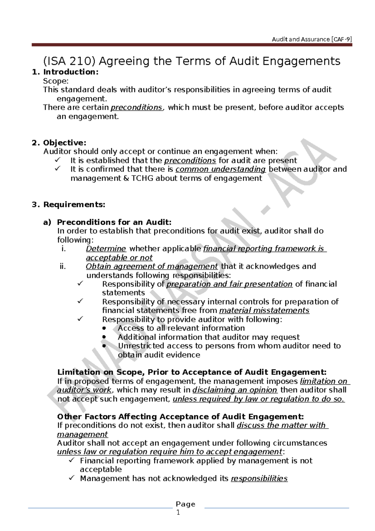 (ISA 210) Terms of Audit Engagements: Auditor's Responsibilities ...