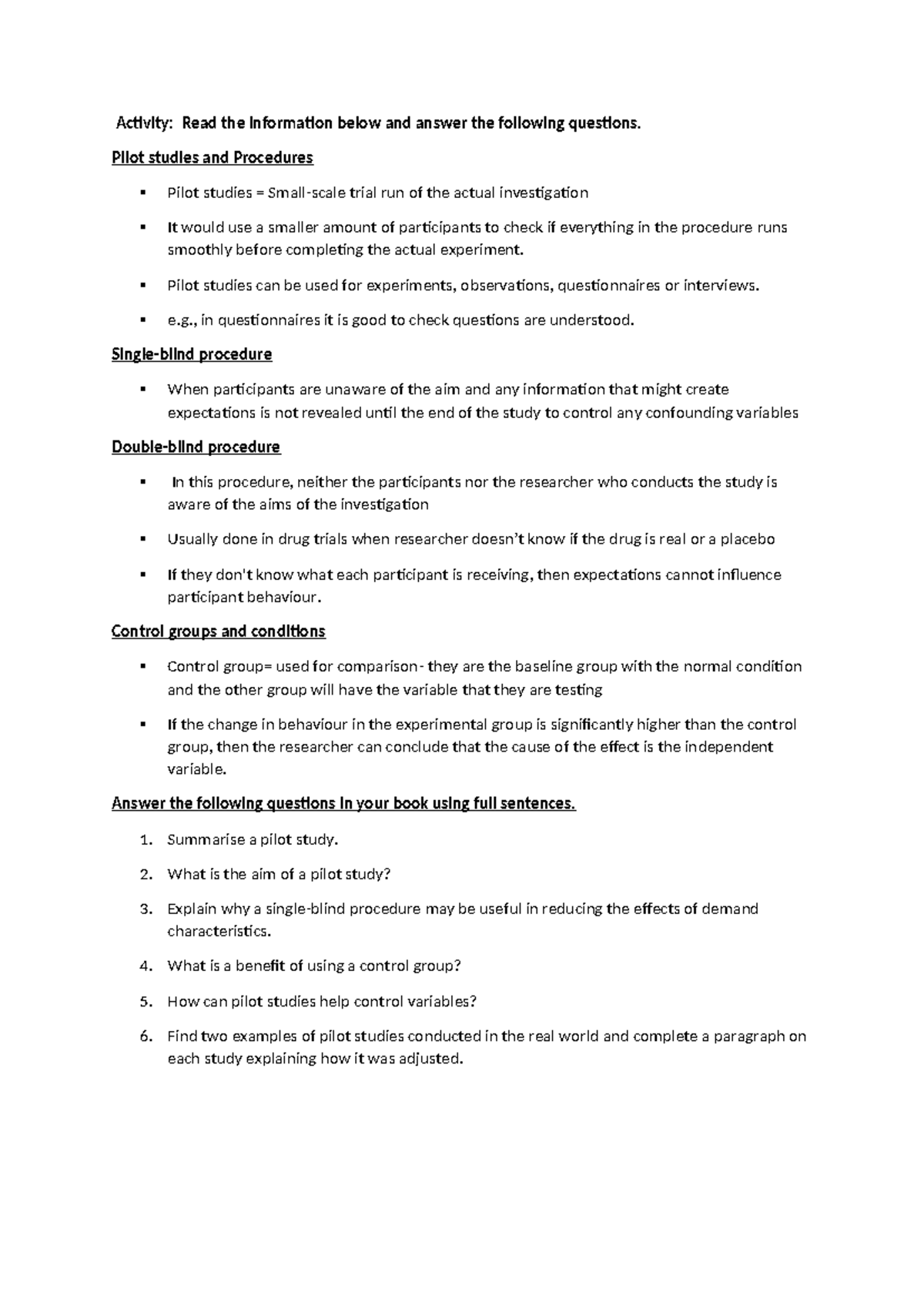Pilot Studies: Understanding Procedures and Control Groups - Studocu