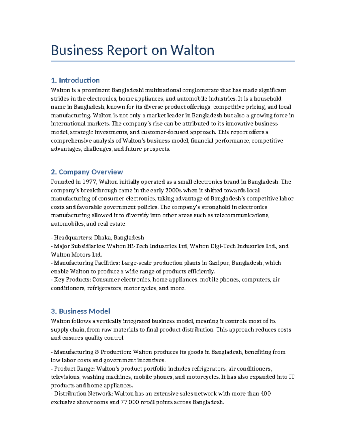 Business Report on Walton - Introduction Walton is a prominent ...