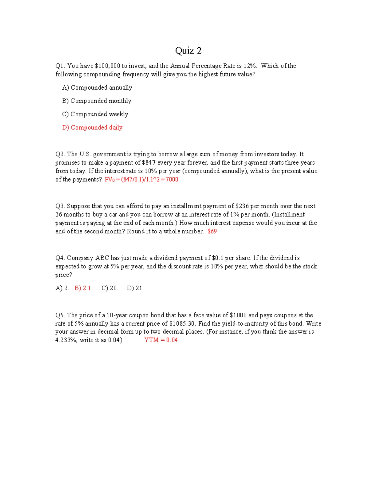 FIN2010 Quiz 2 - Practice Problems and Analysis - Studocu