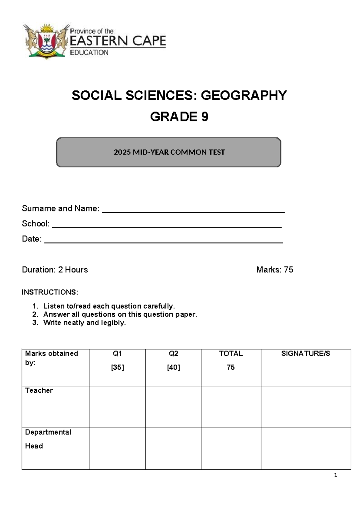 SS Grade 9 Geography 2025 Common Test Exemplar - Studocu