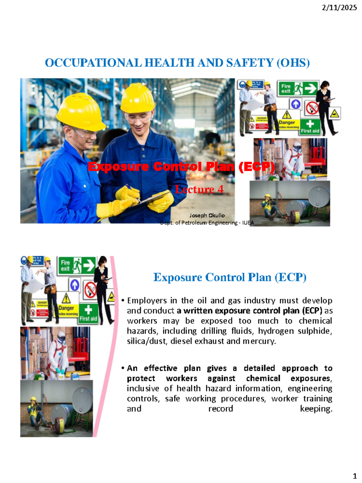 OHS Exposure Control Plan (ECP) Lecture 4 Notes - Feb 2025 - Studocu