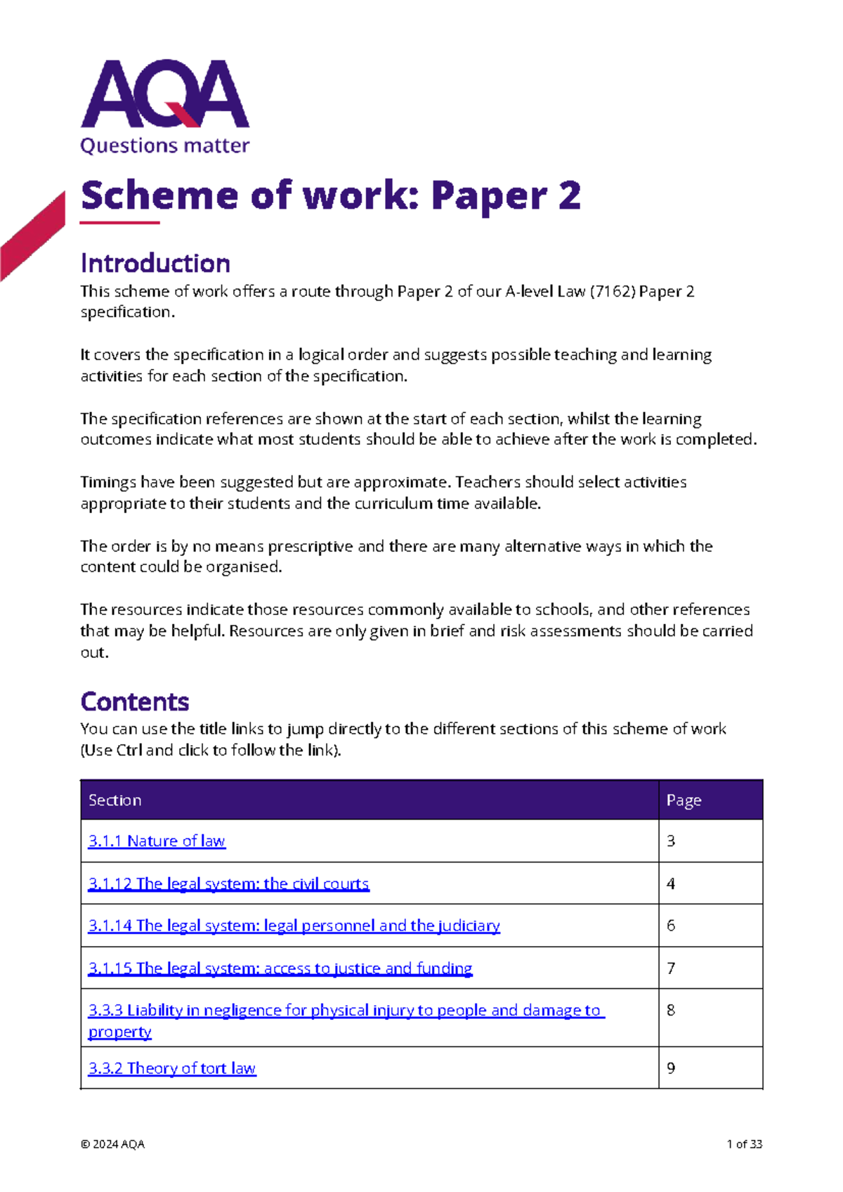 AQA 7162 Paper 2 Law Scheme of Work Overview and Activities - Studocu