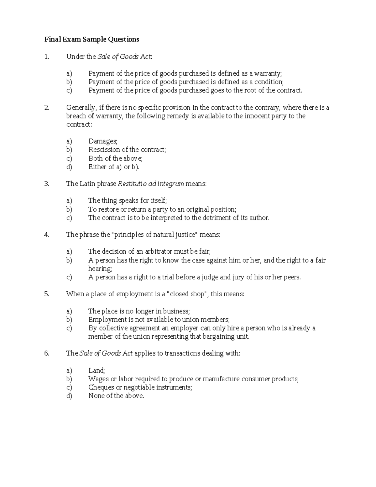 Final Exam Sample Questions for Sale of Goods Act - Studocu