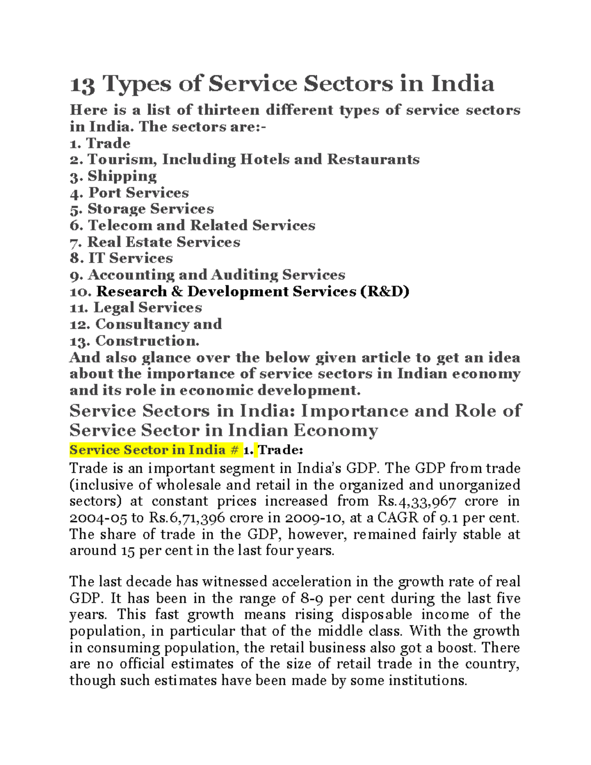13 Types of Service Sectors in India's Economy and Their Impact - Studocu