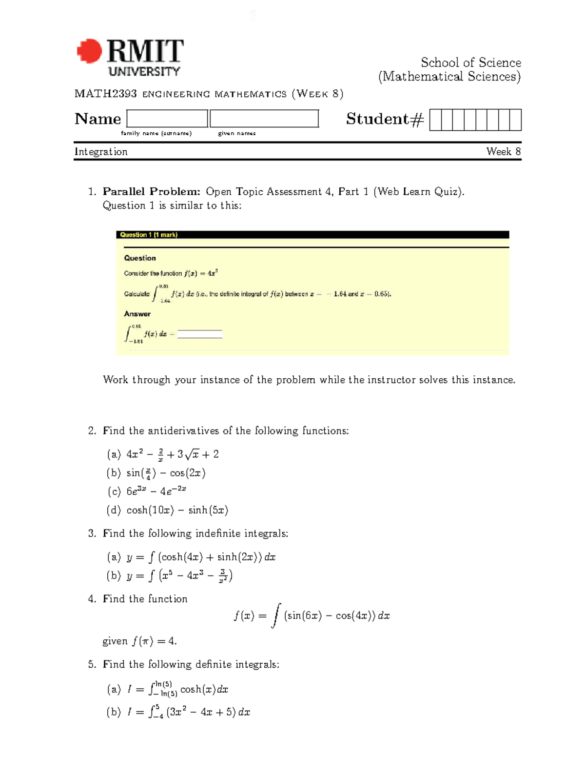 MATH2393 Week 8 Practical: Integration Practice Questions - Studocu