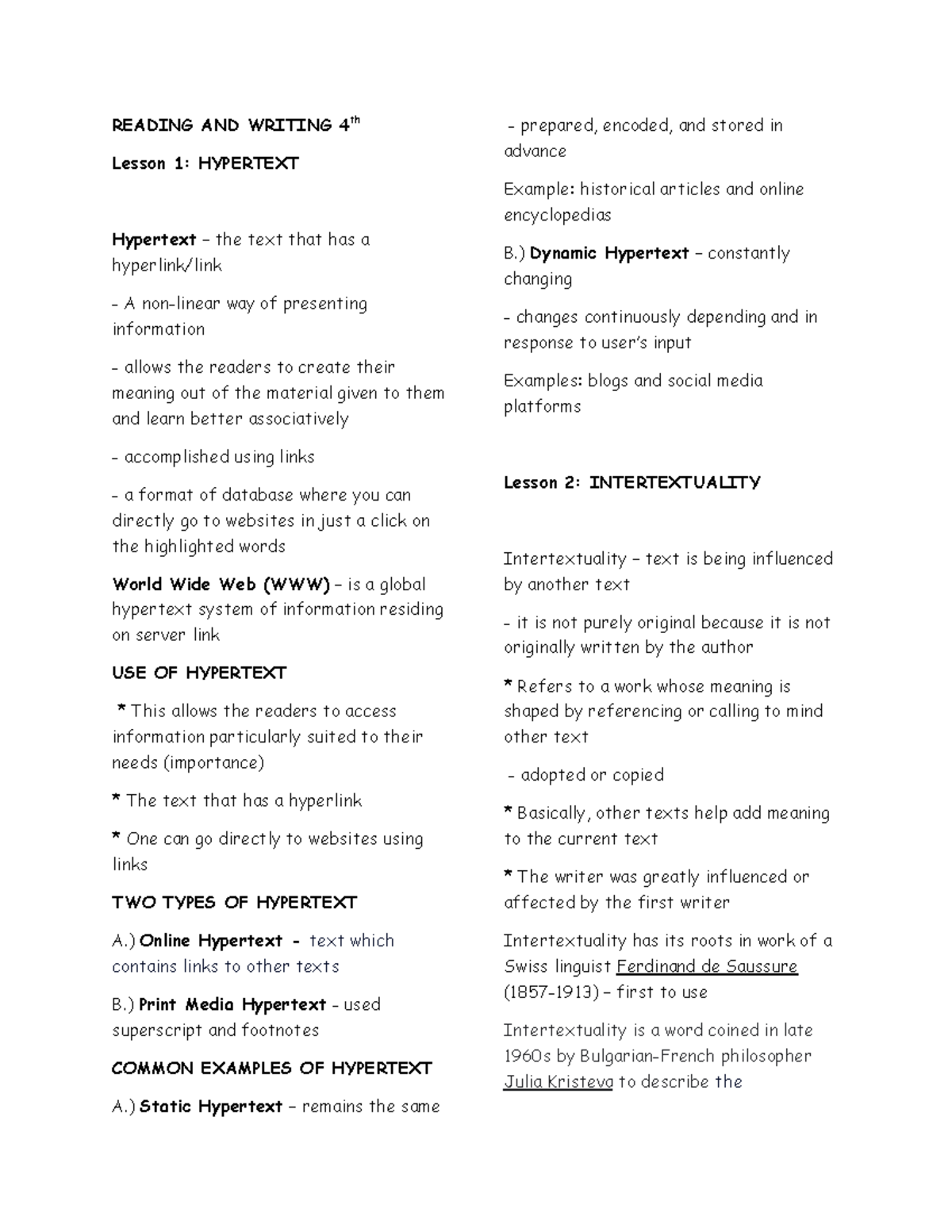 4th quarter r and w reviewer - READING AND WRITING 4th Lesson 1 ...