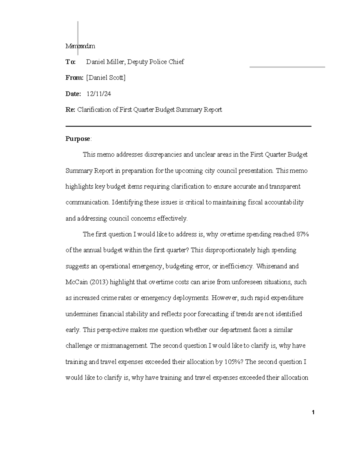 Budget Memo Assignment: Clarifying First Quarter Discrepancies - Studocu