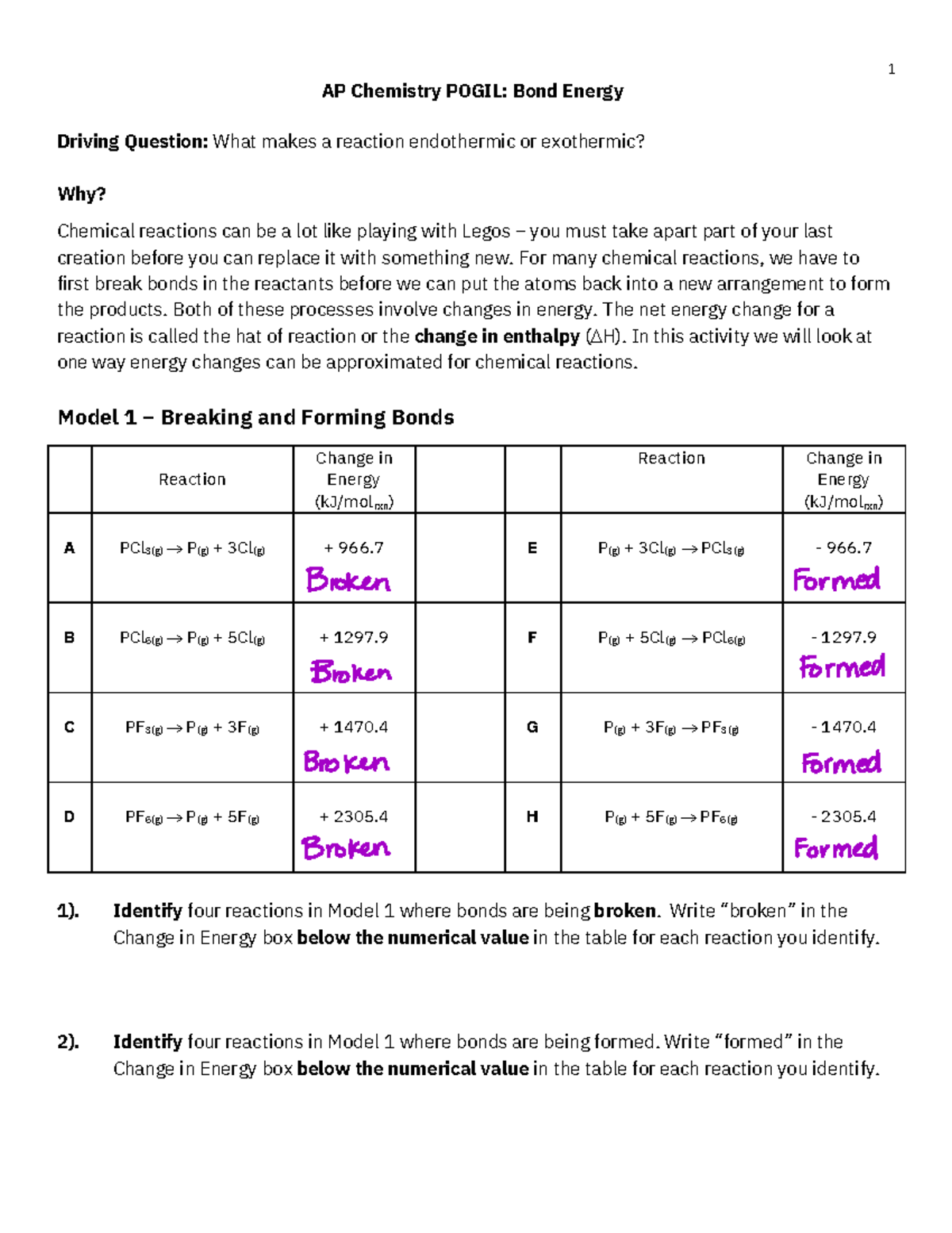 AP Chemistry POGIL: Understanding Bond Energy Changes - Studocu