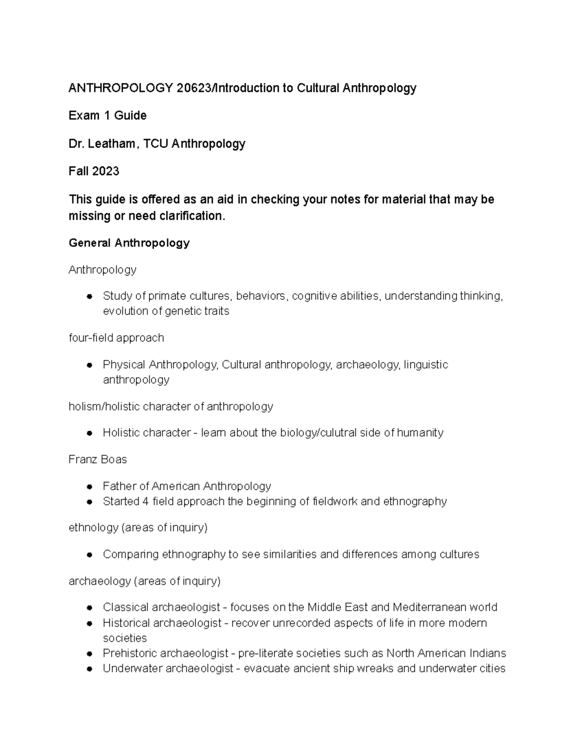 Exam 1 study guide - notes - ANTHROPOLOGY 20623/Introduction to ...