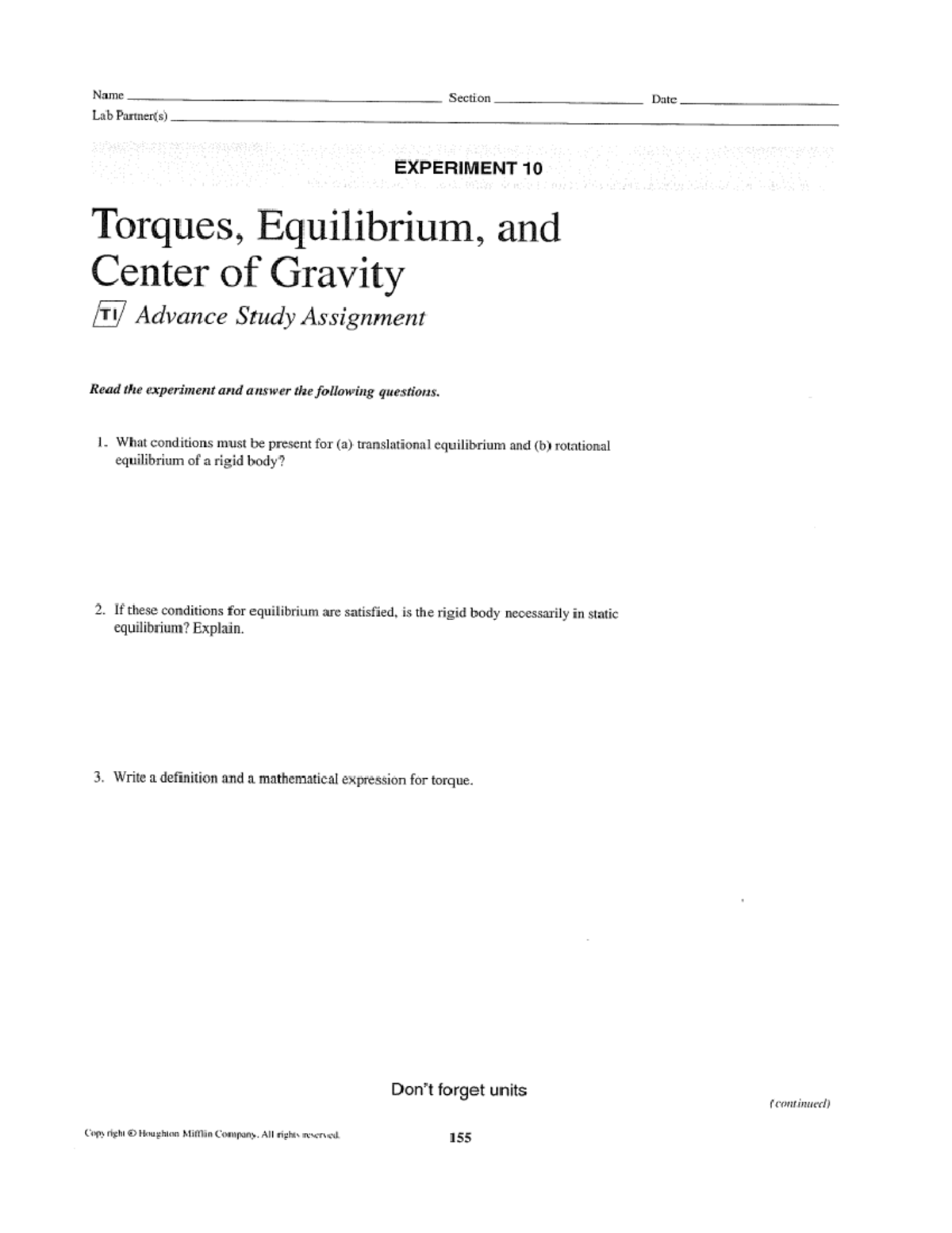 Torqu - manual lab - Name Section Date Lab Partner(s) EXPERIMENT 10 ...