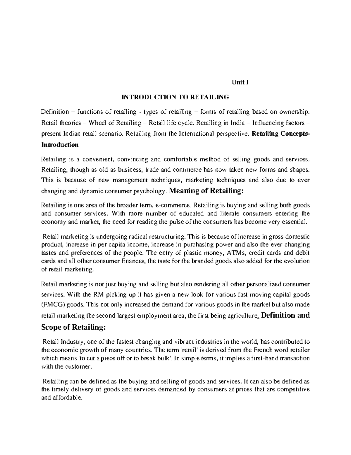 Retail Management (RM) - Unit I: Introduction to Retailing Concepts and ...