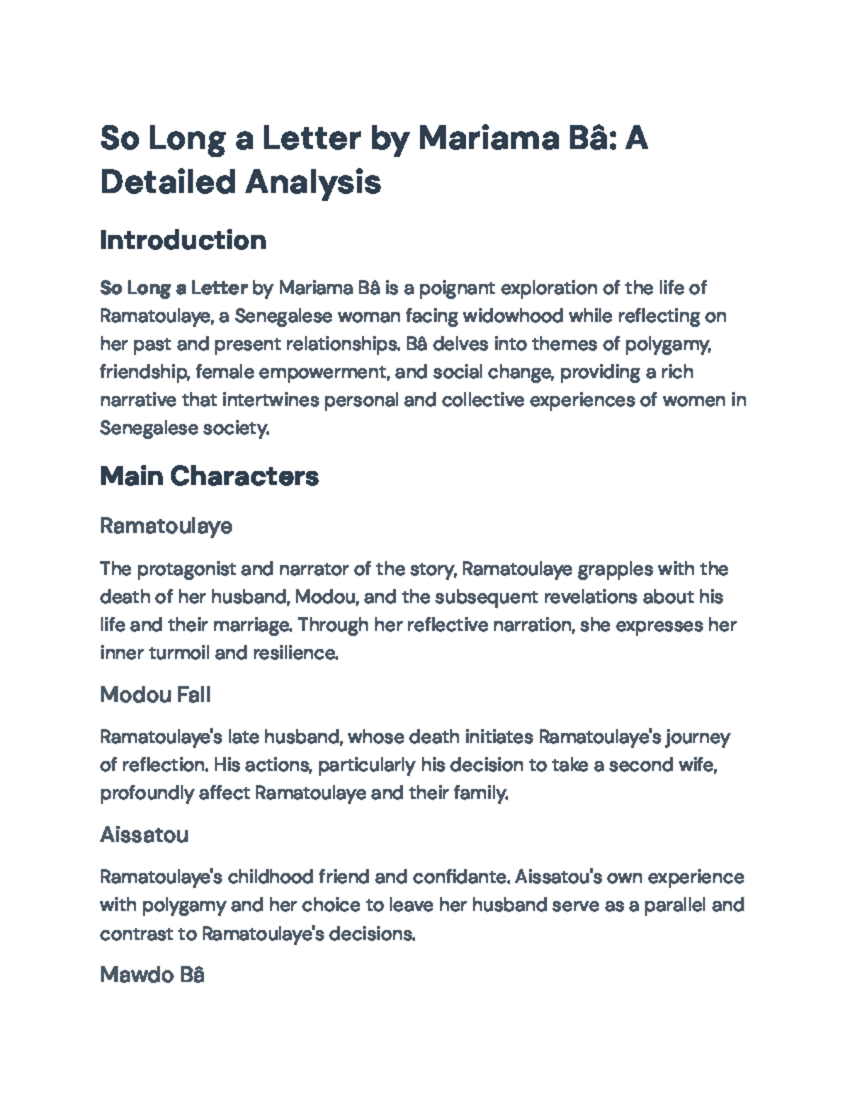 Analysis of So Long a Letter by Mariama Bâ: Themes & Characters ...