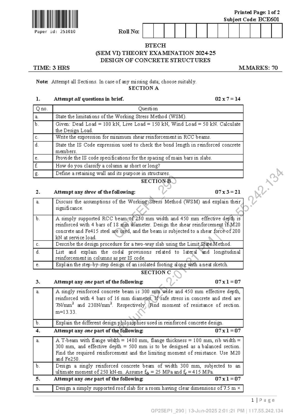 BCE601 Design of Concrete Structures - Theory Exam Notes - Studocu