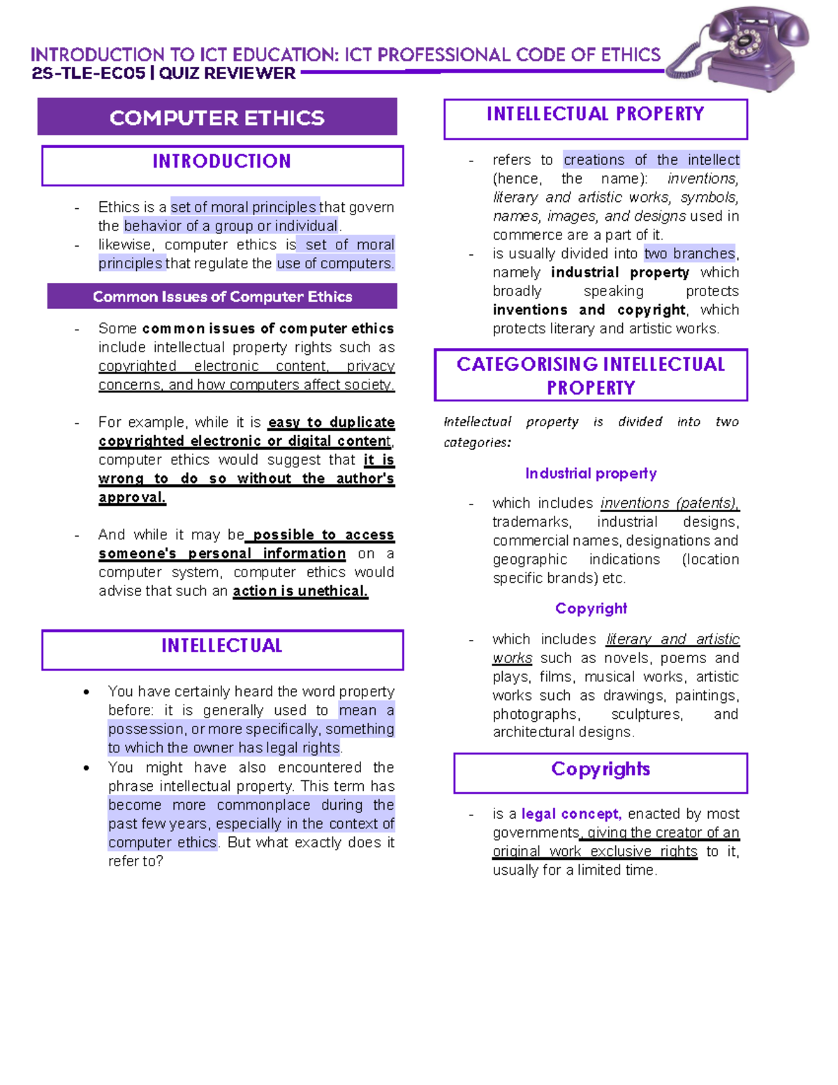 2S-TLE-EC05 COMPUTER ETHICS QUIZ 1 Study Notes - Studocu