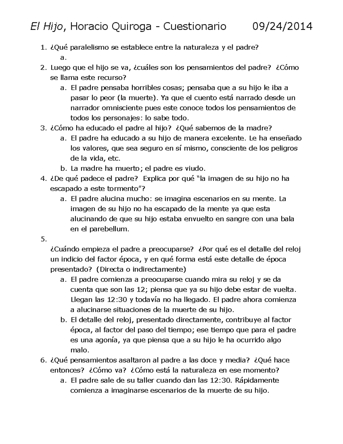 Cuestionario sobre "El Hijo" de Horacio Quiroga - Análisis Literario ...