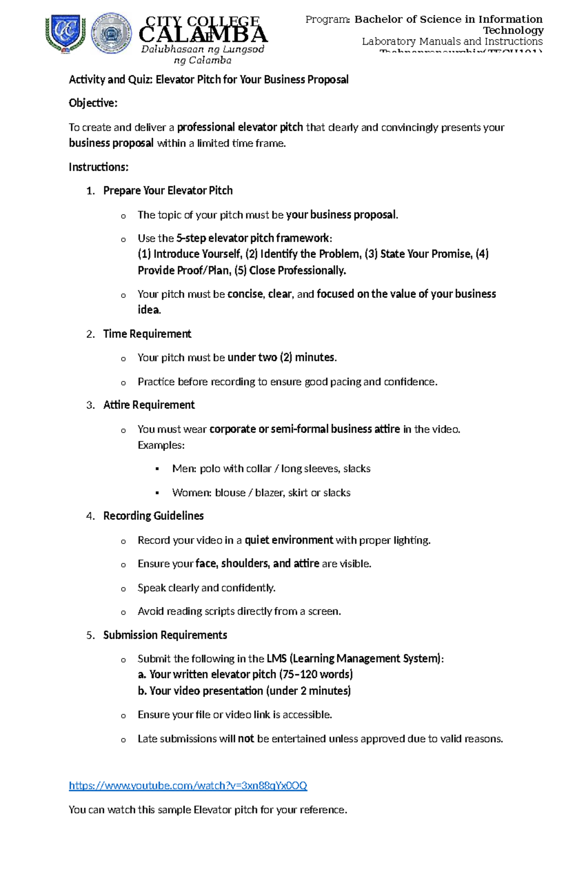 TECH101 Elevator Pitch Activity & Quiz Instructions - Studocu
