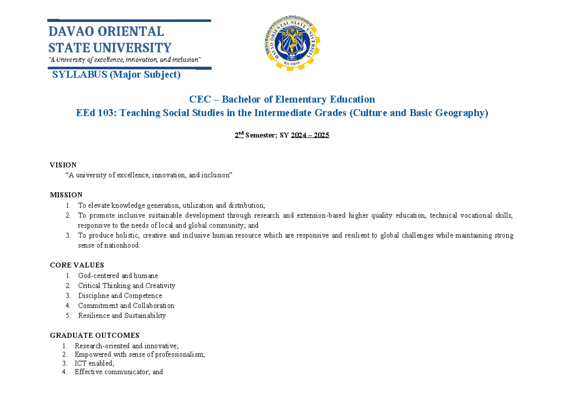 EEd 103 Teaching Social Studies in the Intermediate Grades BEED - STATE ...