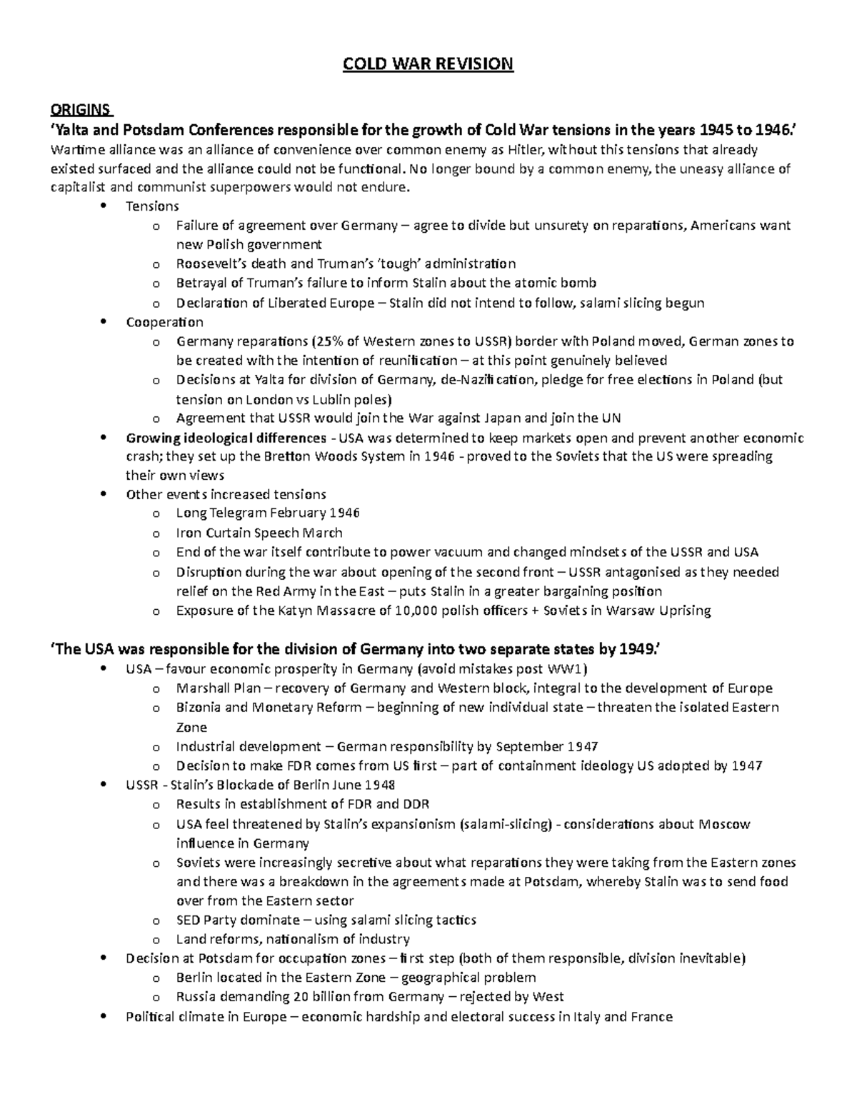 Cold War Essay Plans: Analyzing Tensions and Policies (Hist 101) - Studocu