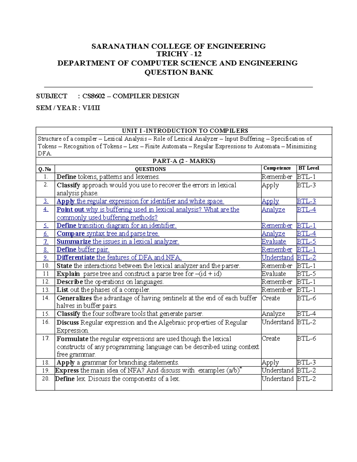 **CS8602 - Compiler Design Question Bank: Comprehensive Study Guide ...